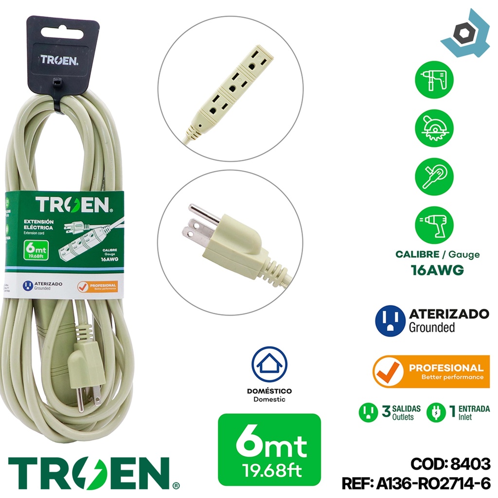 EXTENSION ELECTRICA 6MTS 3 TOMAS TROEN | Litani Import Export